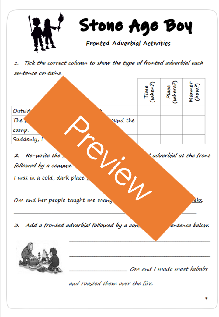 Stone Age Boy Fronted Adverbials Differentiated Worksheets & Answers ...