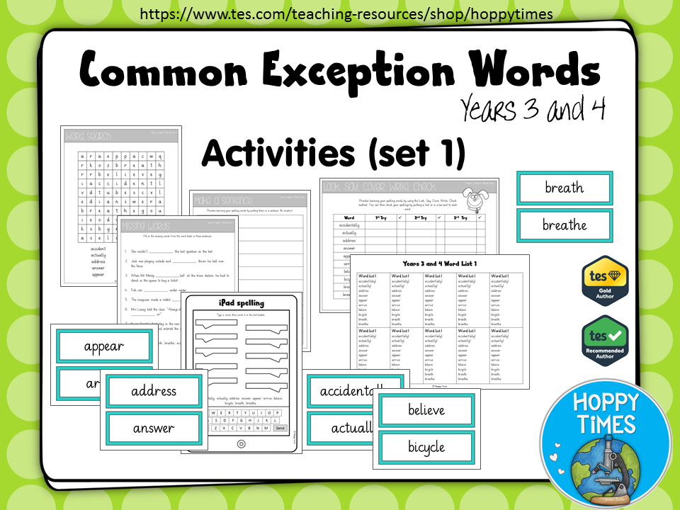 Year 3 / 4 Common Exception Words Spelling Activities (Set 1) by ...