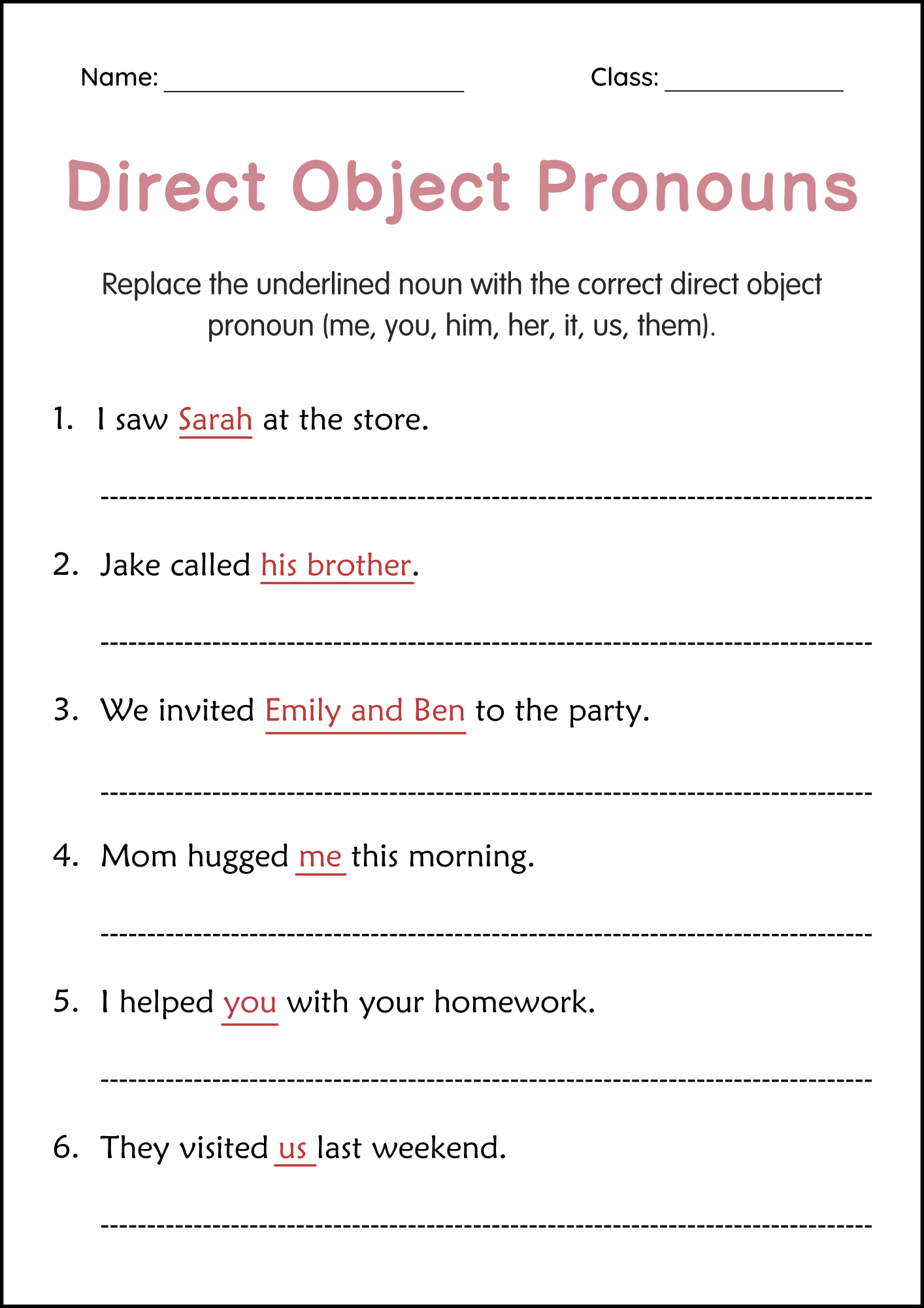 Printable Direct Object Pronouns Practice Grammar Worksheets for Grade ...