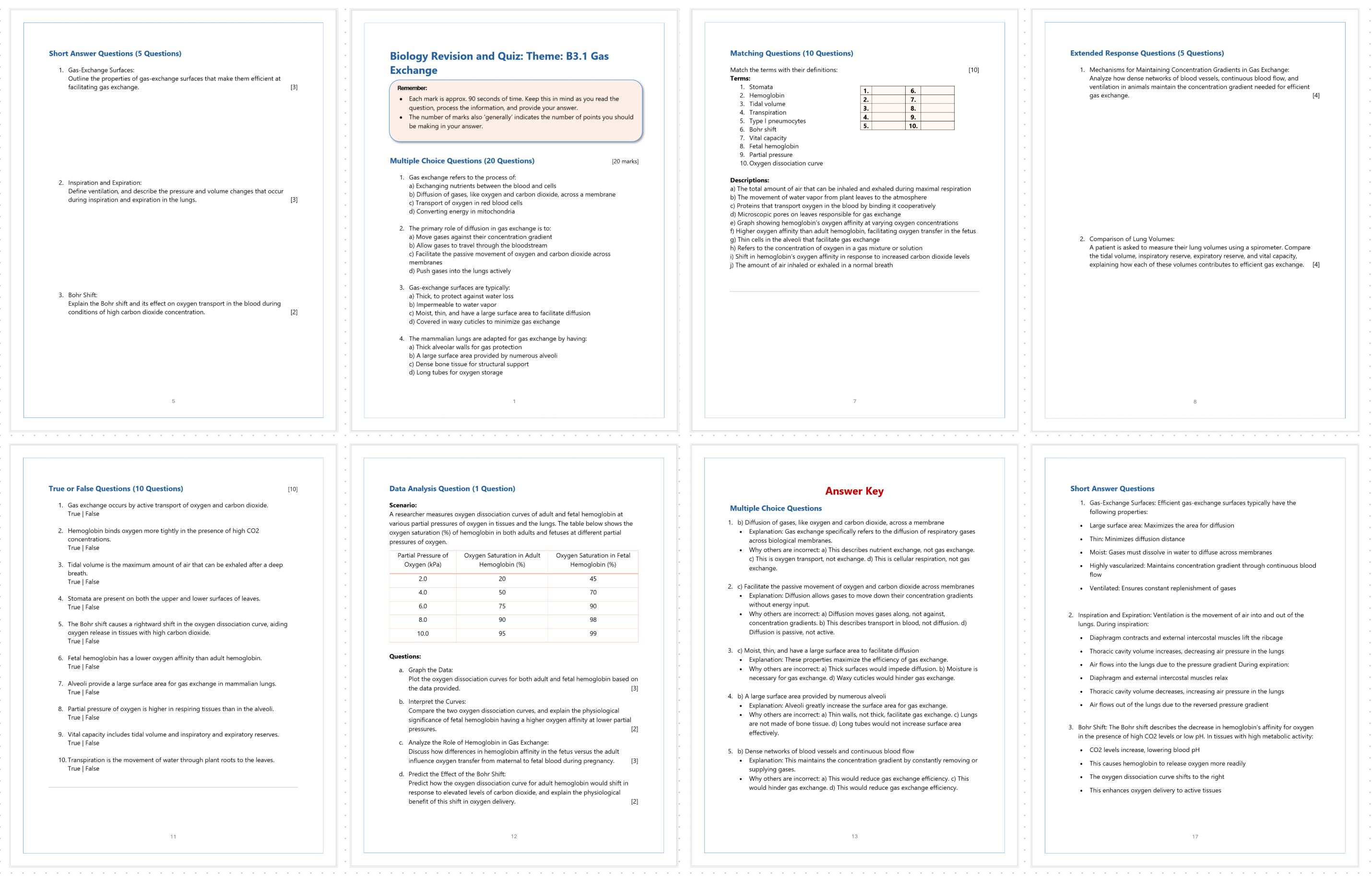 IB DP Biology B3.1 Gas Exchange Quiz and Revision Worksheets 2026 ...