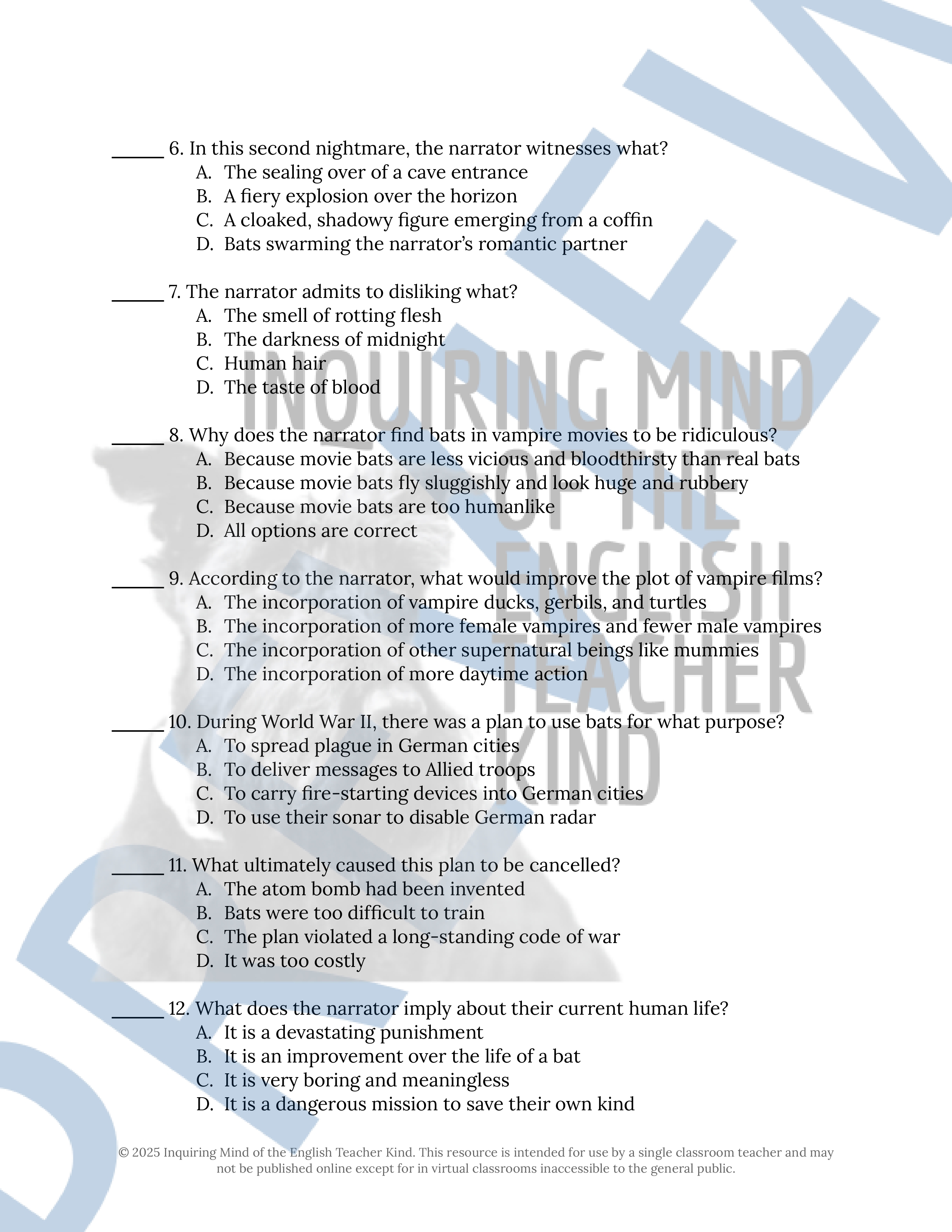 "My Life as a Bat" by Margaret Atwood Quiz and Answer Key | Short Story ...