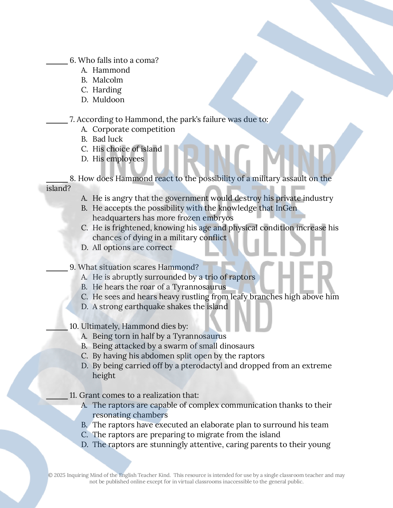 Jurassic Park by Michael Crichton Seventh Iteration Quiz and Answer Key ...