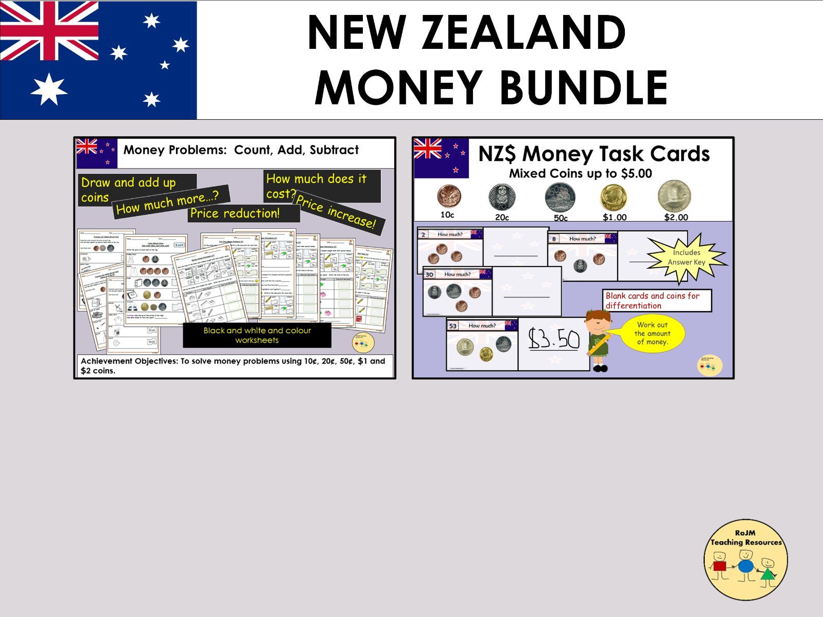 New Zealand Money Worksheets Task Cards Bundle | Teaching Resources