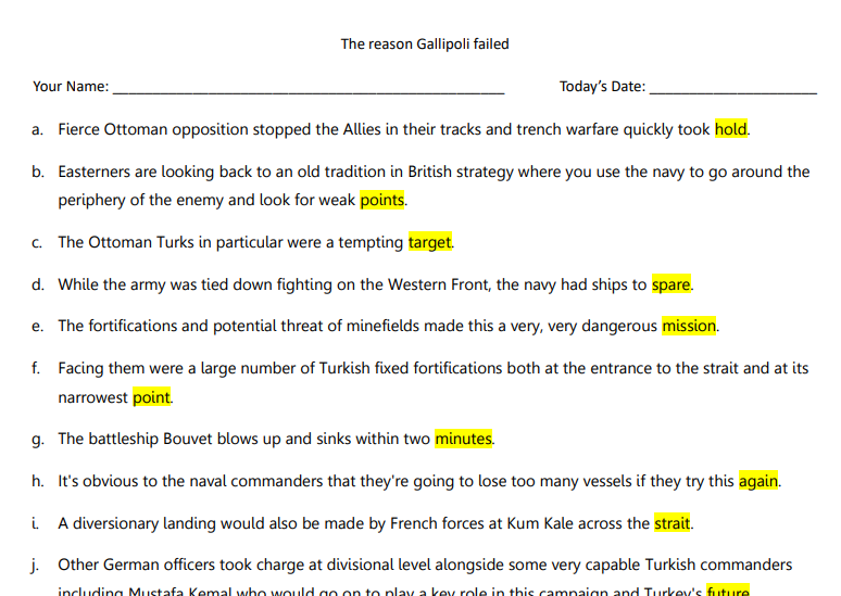 The Reasons Gallipoli Failed. Video worksheets, differentiated ...