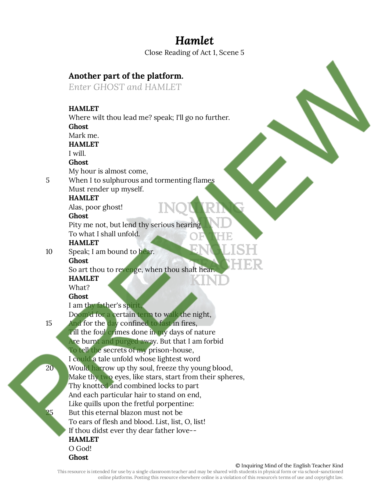 Hamlet Act 1 Scene 5 Close Reading Worksheet | Teaching Resources