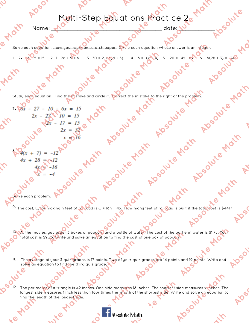 Multi-Step Equations Practice 2 | Teaching Resources