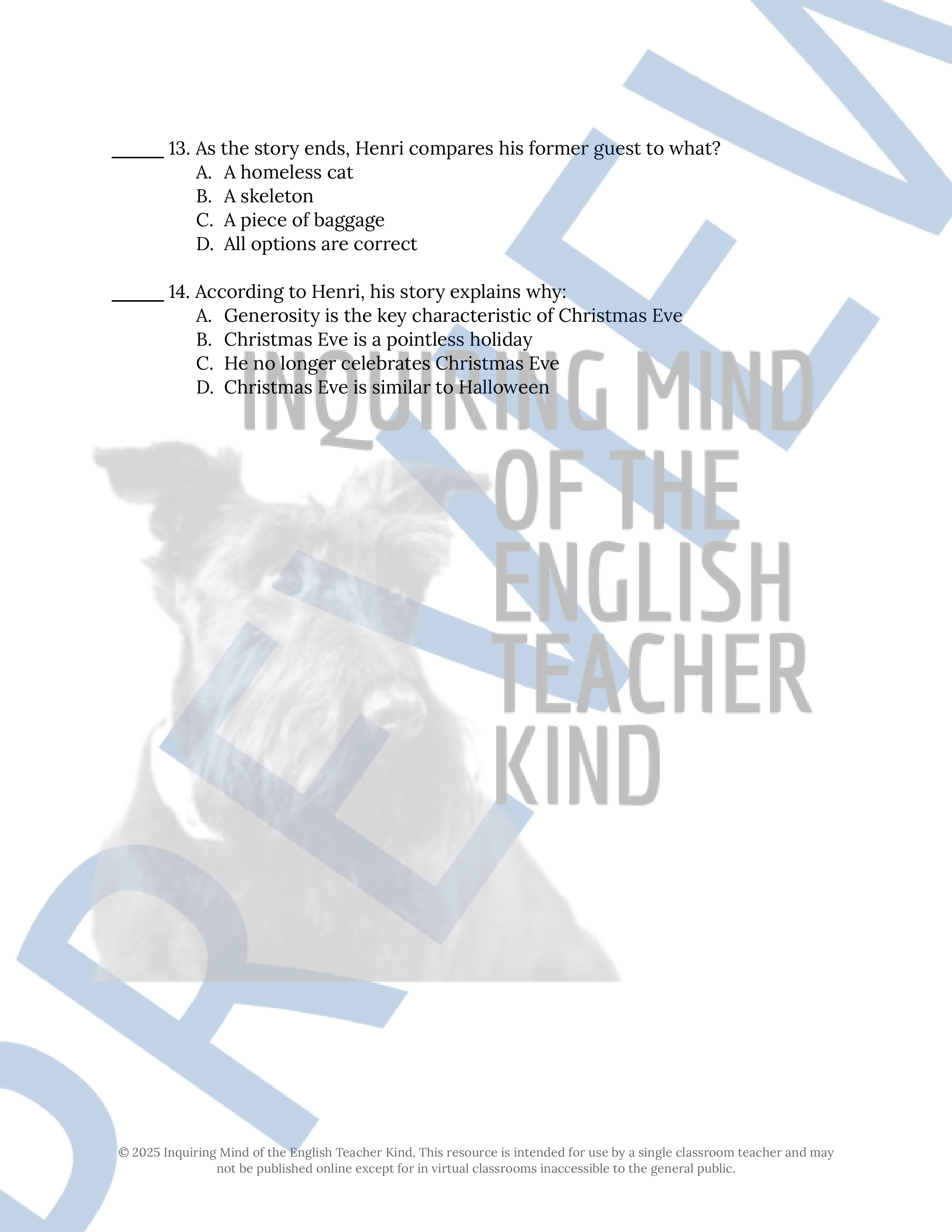 "Christmas Eve" by Guy de Maupassant Quiz and Answer Key | Holiday ...