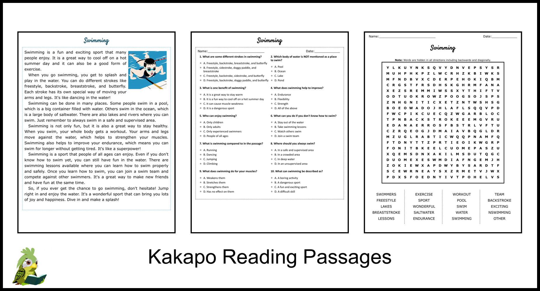 Swimming Reading Comprehension and Word Search | Teaching Resources