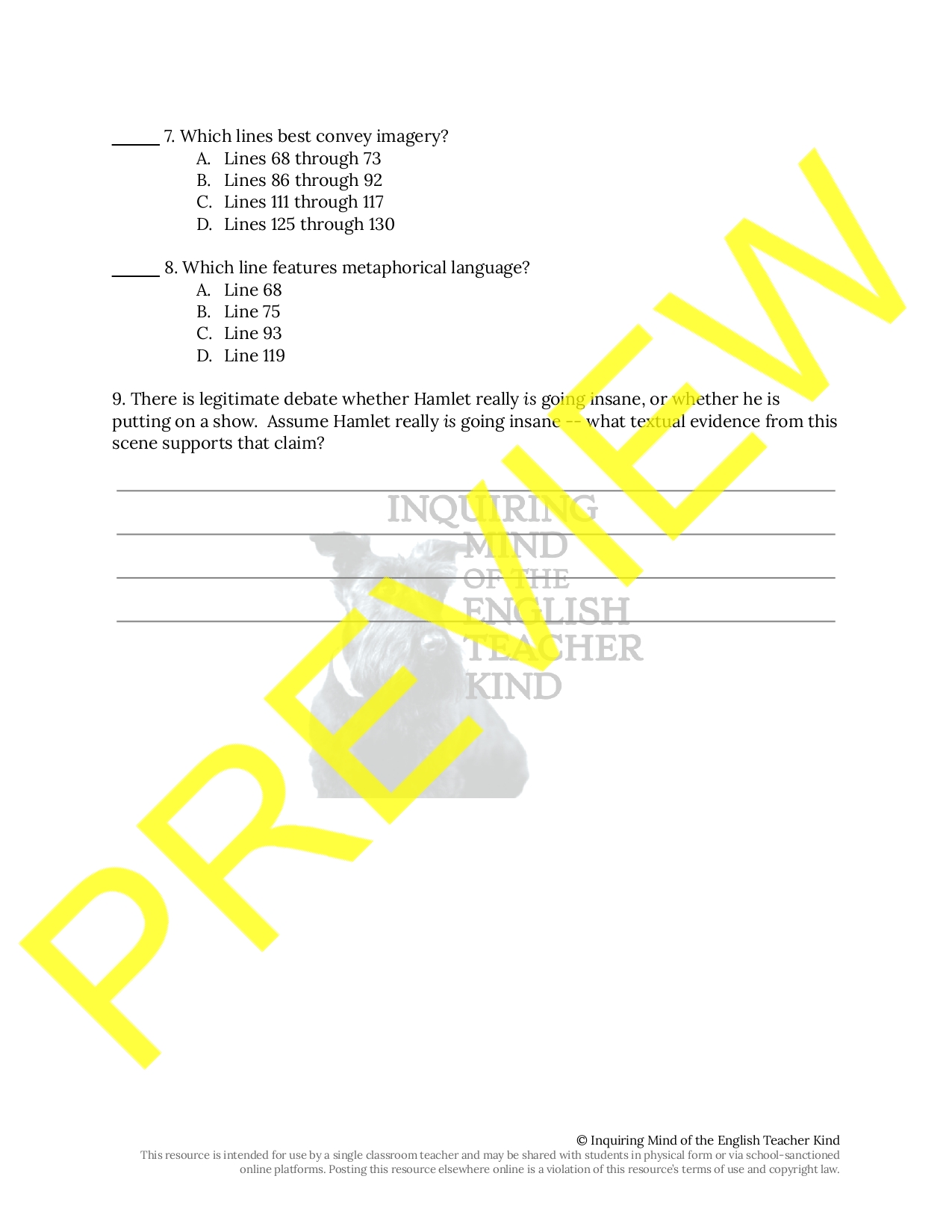 Hamlet Act 2 Scene 1 Close Reading Worksheet | Teaching Resources