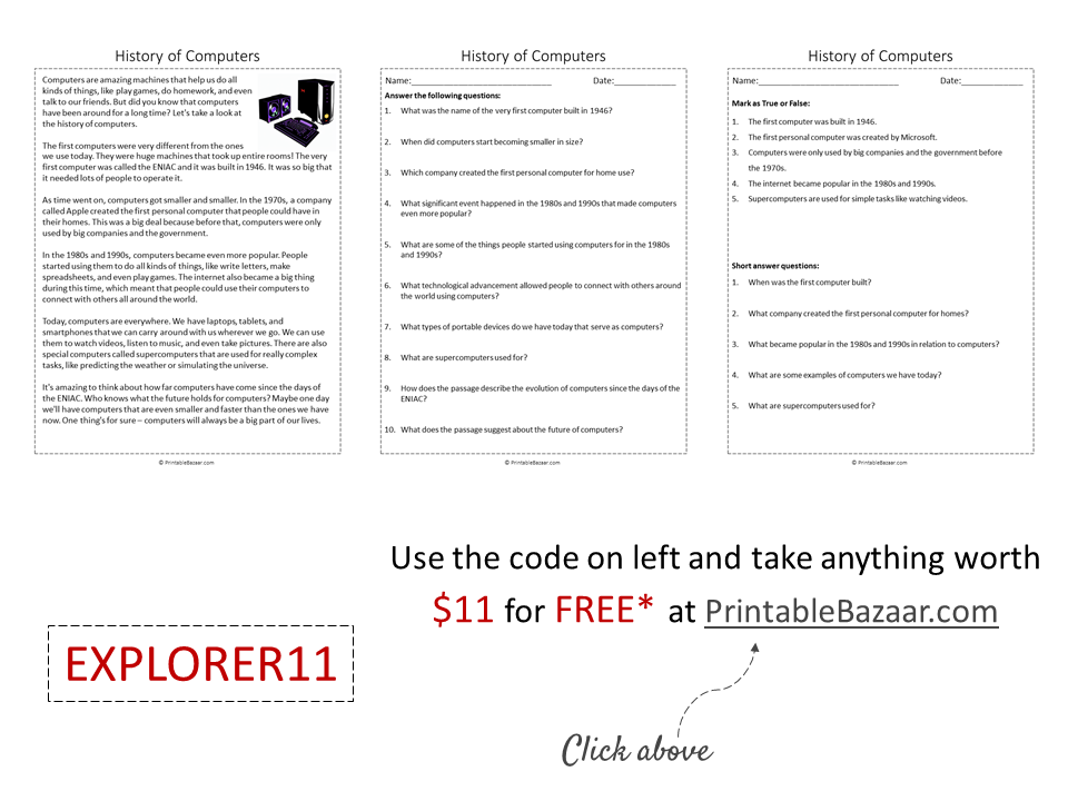 History of Computers Reading Comprehension Passage Printable Worksheet ...