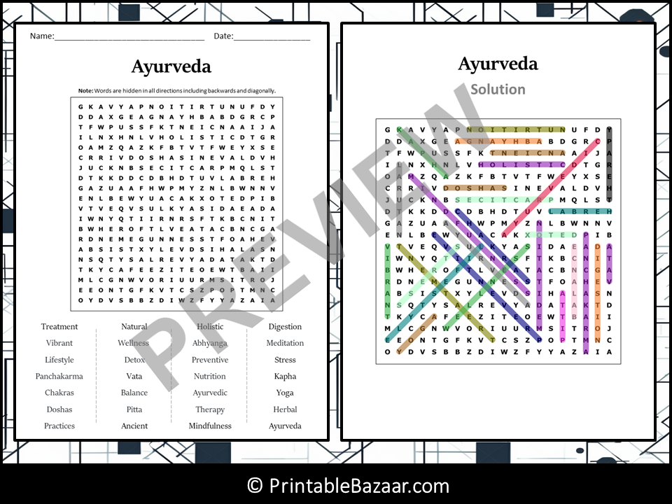 Ayurveda Word Search Puzzle Worksheet Activity | Teaching Resources