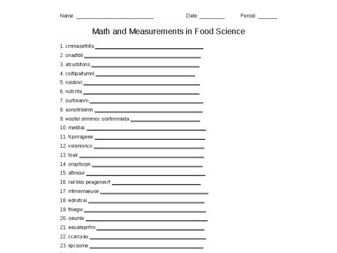 Math and Measurements in Food Science Word Scramble | Teaching Resources