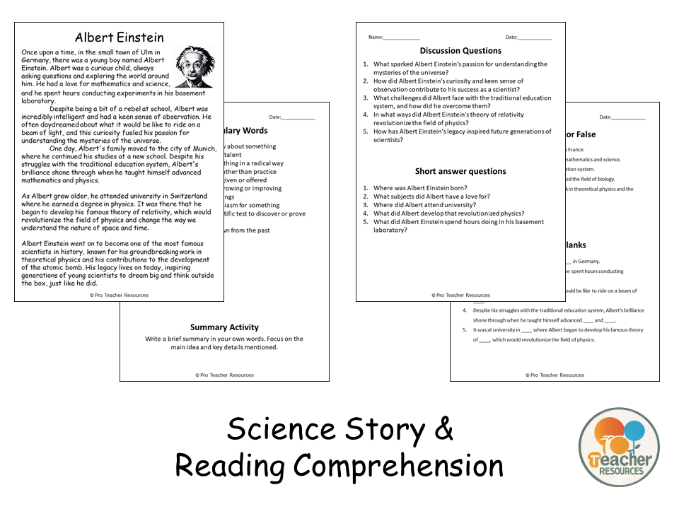 Albert Einstein Reading Science Story Comprehension Questions Worksheet ...