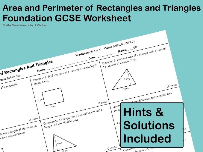 GCSE Maths Worksheet: Area and Perimeter of Rectangles and Triangles ...