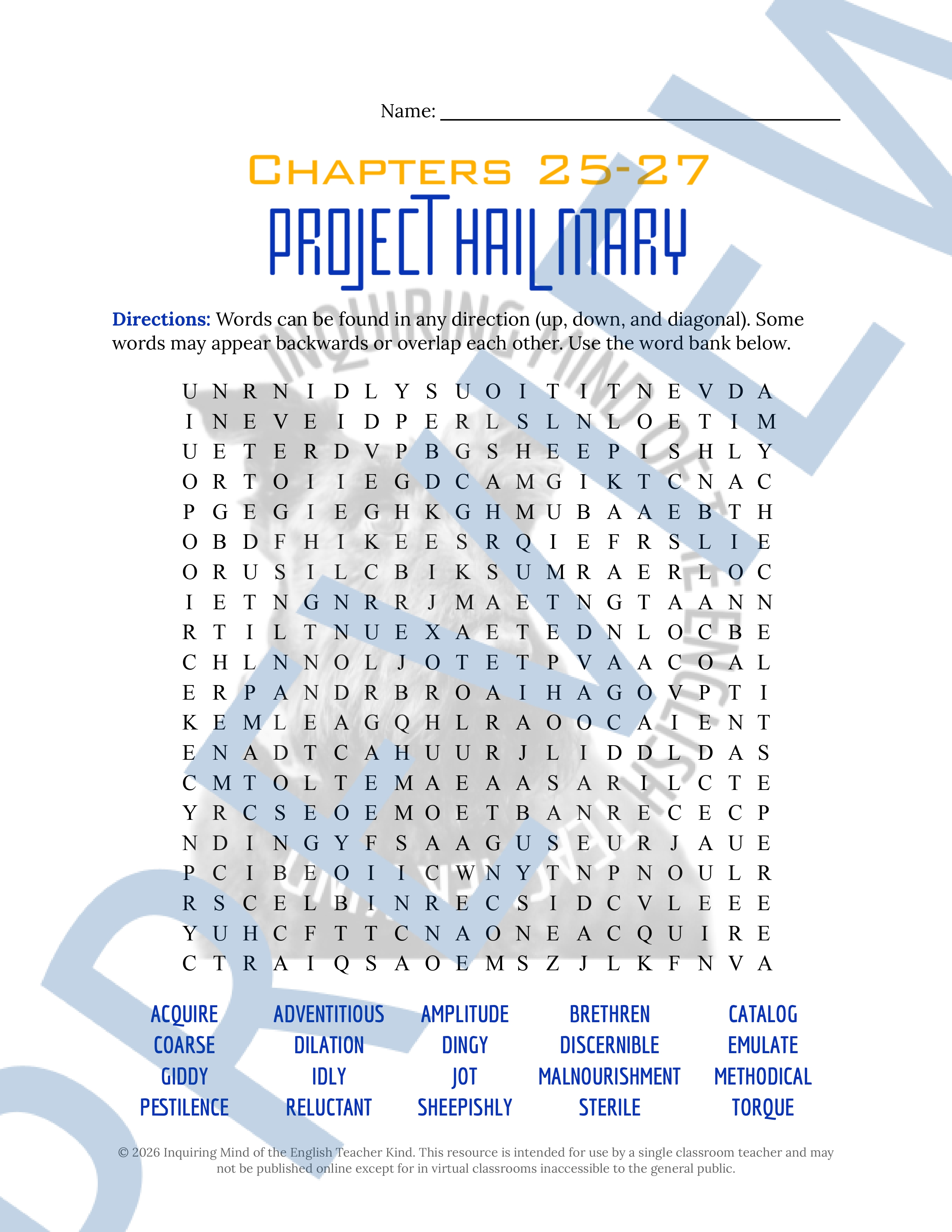 Project Hail Mary Chapters 25, 26 & 27 Vocabulary Activities ...