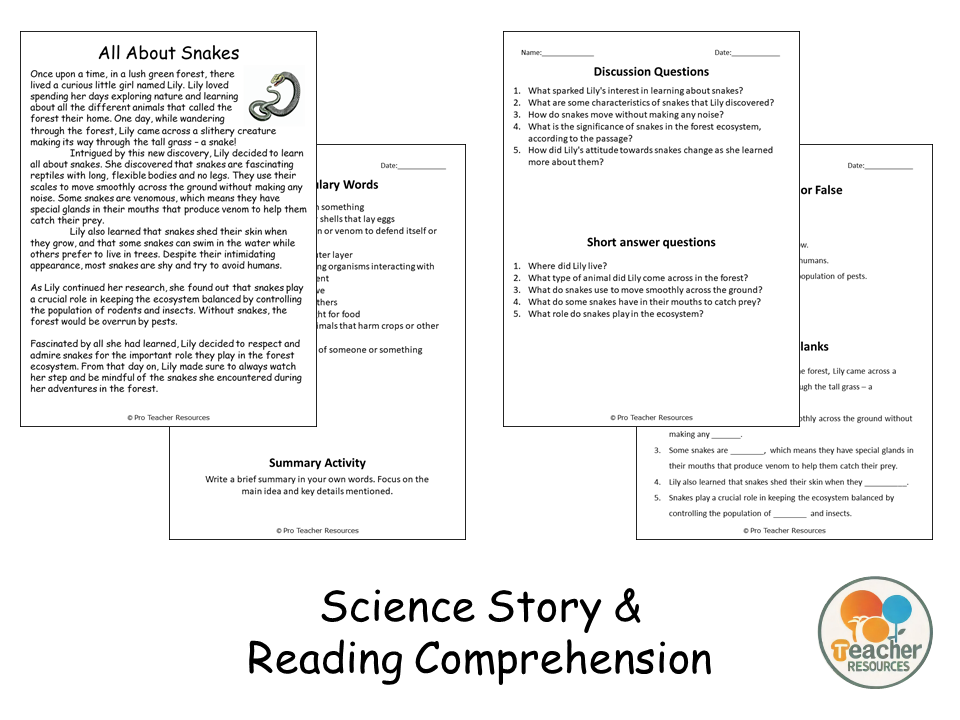 All About Snakes Reading Science Story Comprehension Questions ...