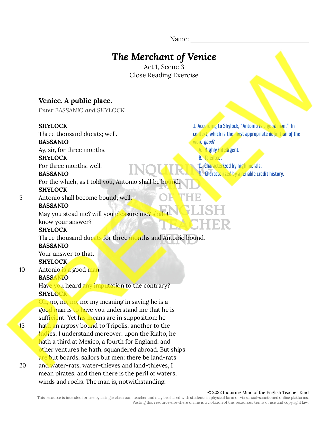 The Merchant of Venice Act 1 Scene 3 Close Reading Analysis Activity | Teaching Resources