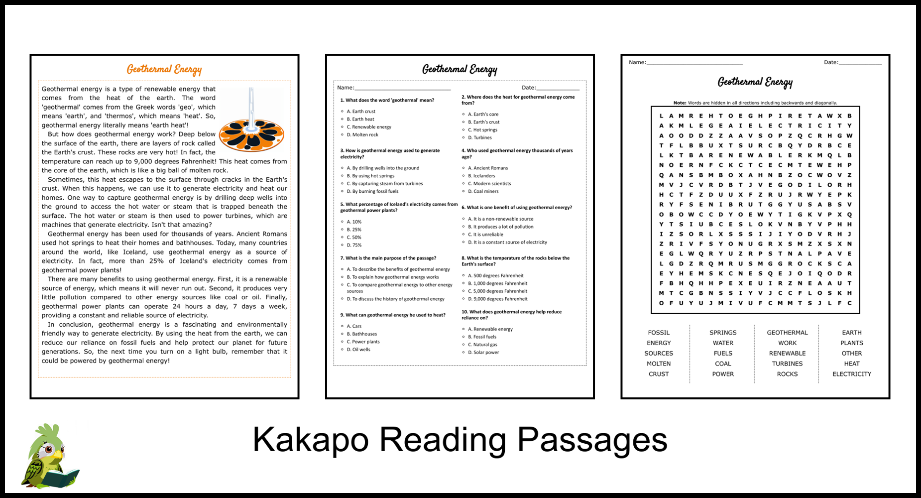 Geothermal Energy Reading Comprehension And Word Search Teaching