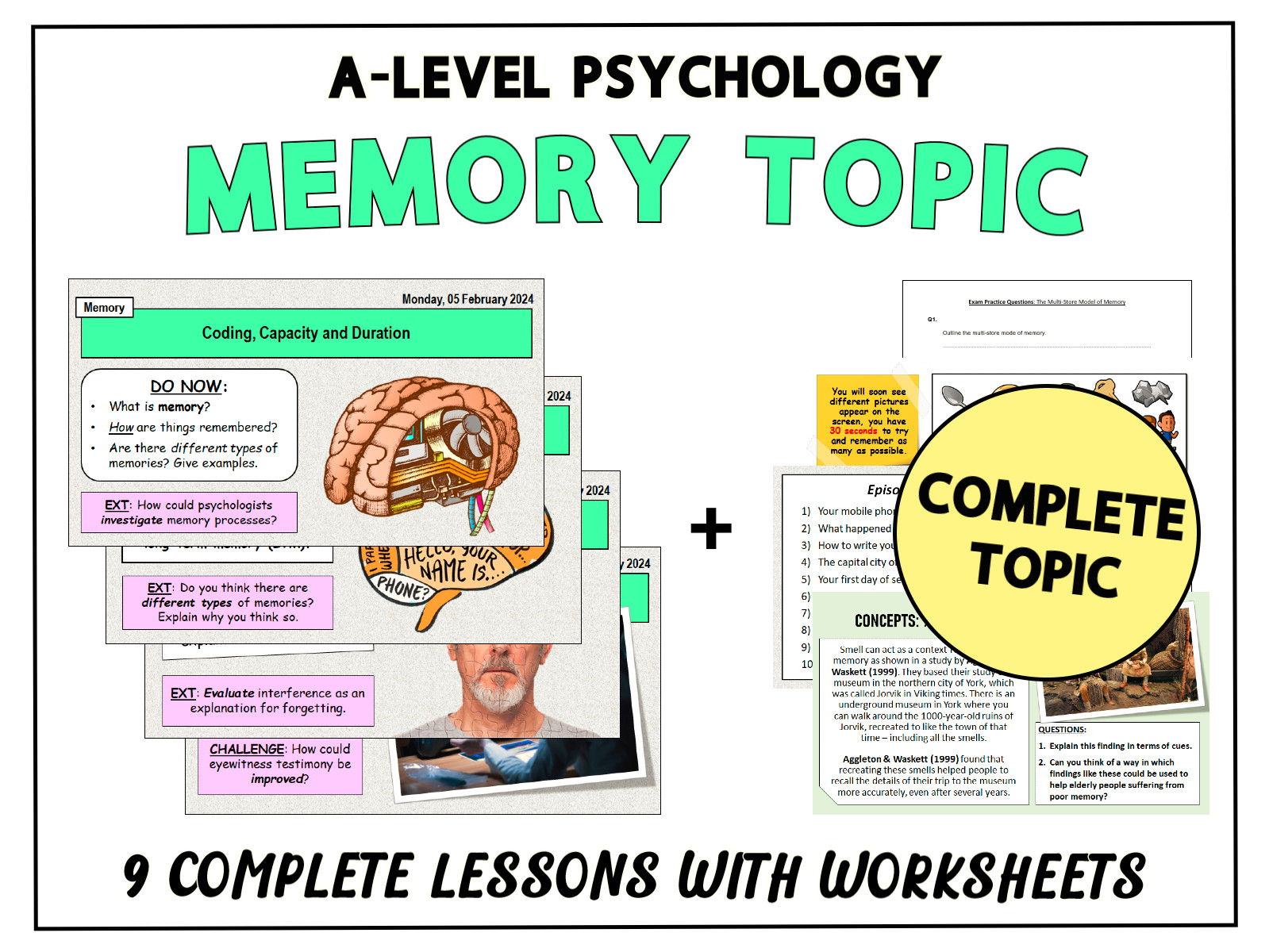 A-LEVEL PSYCHOLOGY - MEMORY TOPIC [COMPLETE TOPIC] | Teaching Resources