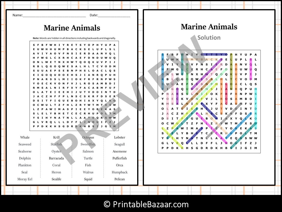 Marine Animals Word Search Puzzle Worksheet Activity | Teaching Resources