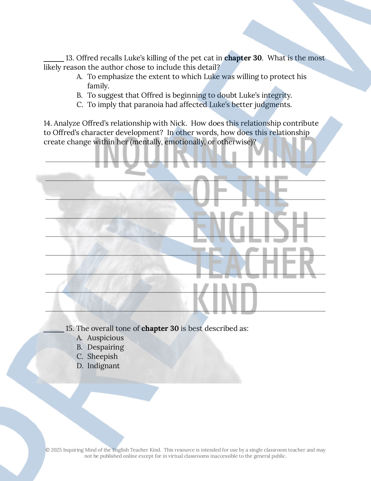 The Handmaid's Tale Chapters 28-30 Close Reading Worksheet | Teaching ...