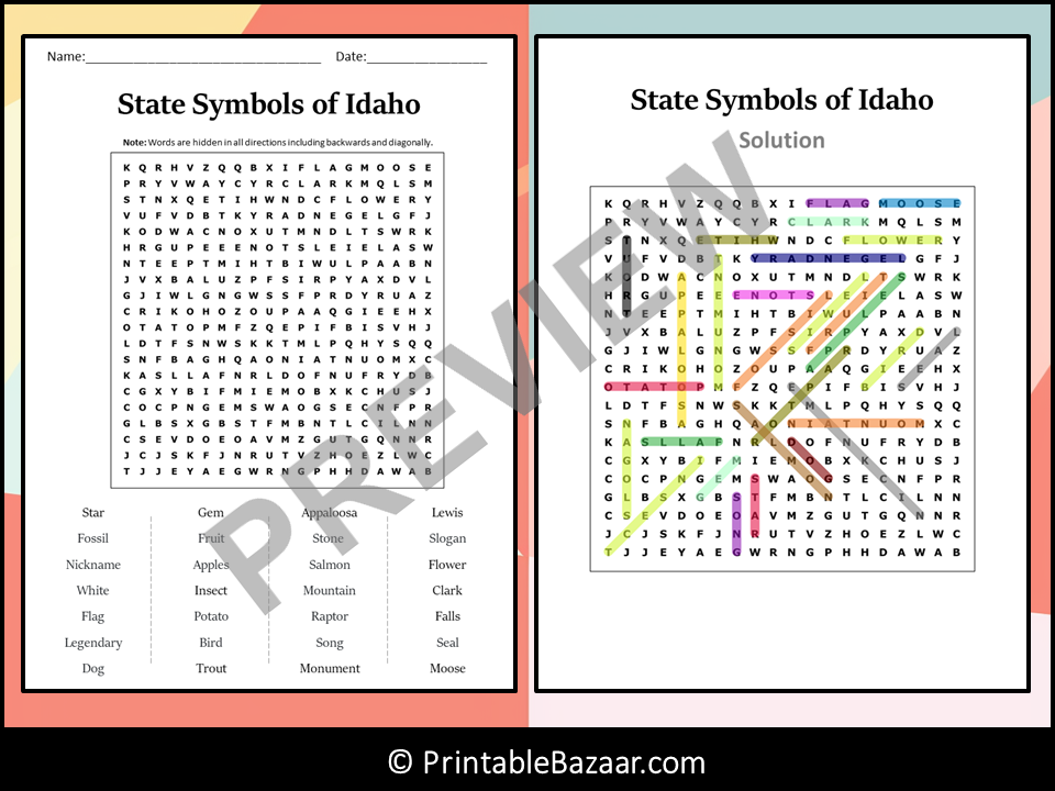 State Symbols of Idaho Word Search Puzzle Worksheet Activity | Teaching ...