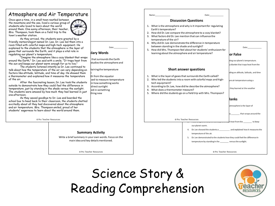 Atmosphere and Air Temperature Reading Science Story Comprehension ...