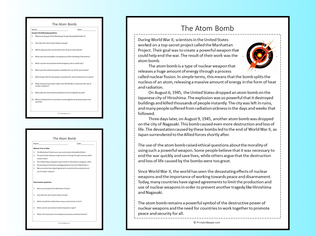 The Atom Bomb Reading Comprehension Passage Printable Worksheet ...