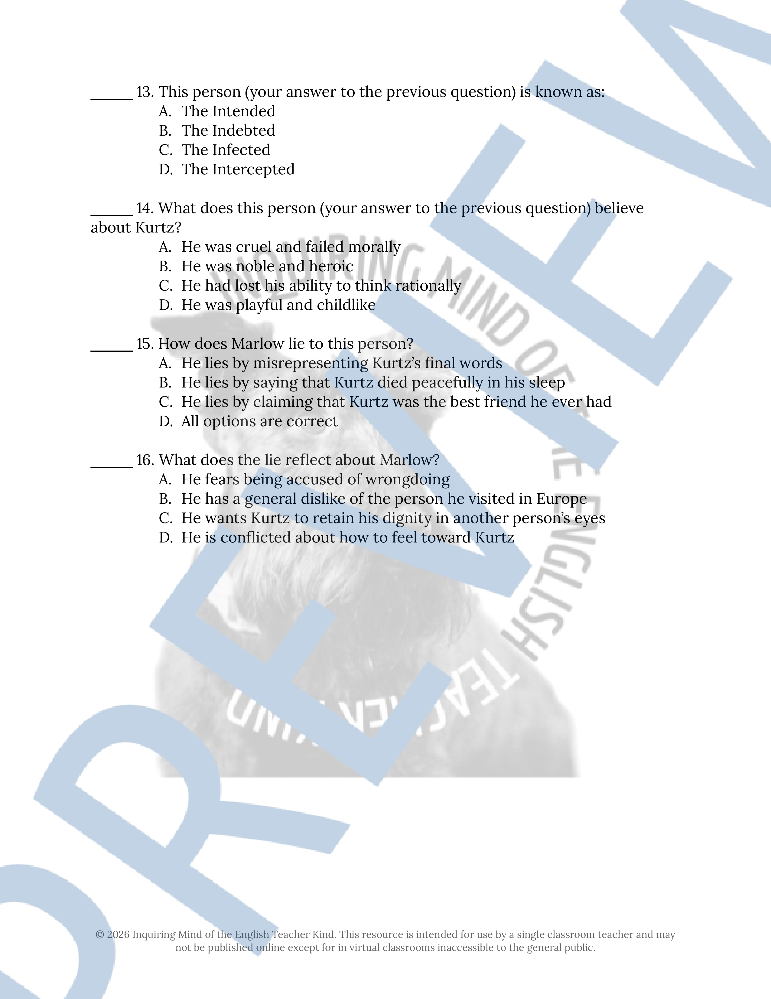 Heart of Darkness Chapter 3 Quiz and Answer Key | Reading Comprehension ...