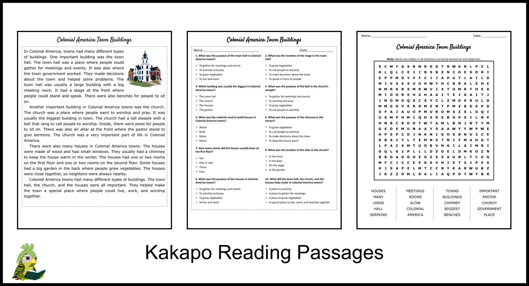 Colonial America Town Buildings Reading Comprehension and Word Search ...