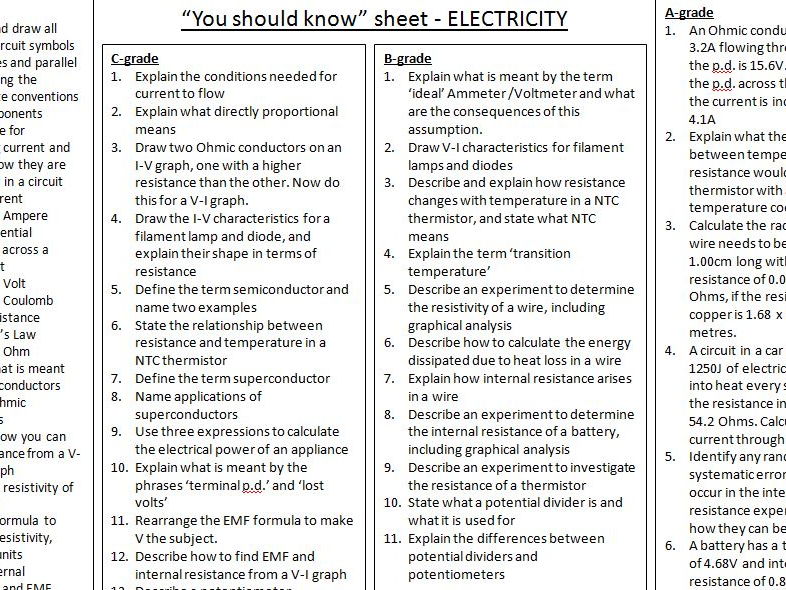 Differentiated electricity revision sheet (AQA NEW specification ...