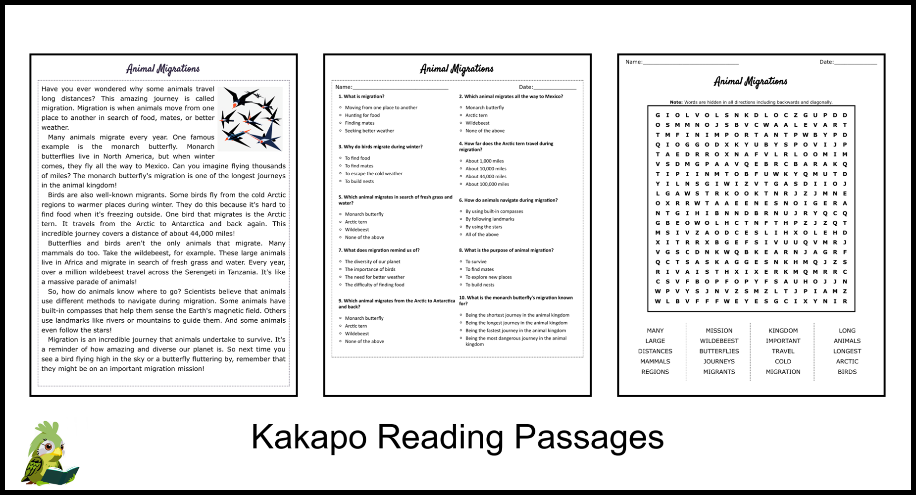 Animal Migrations Reading Comprehension and Word Search | Teaching ...