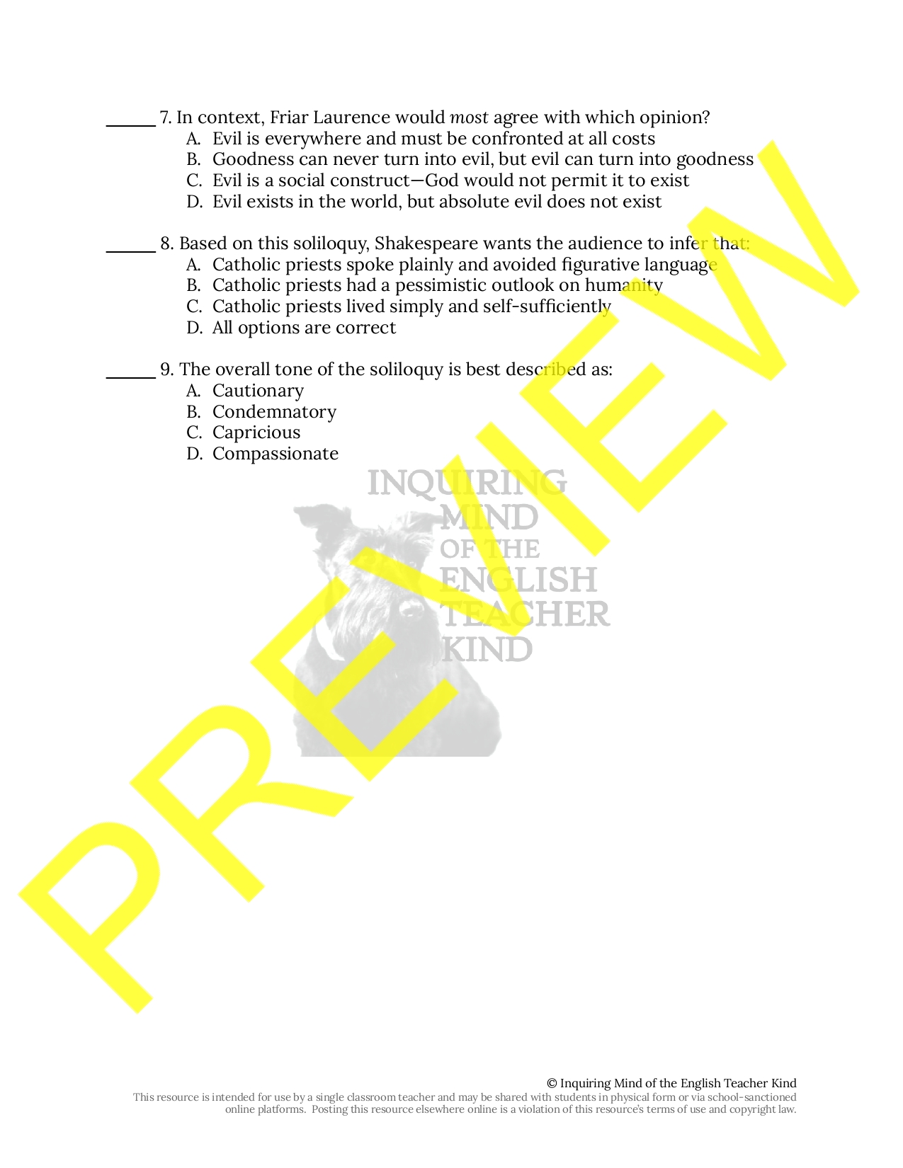 Romeo and Juliet Act 2 Scene 3 Close Reading Worksheet | Teaching Resources