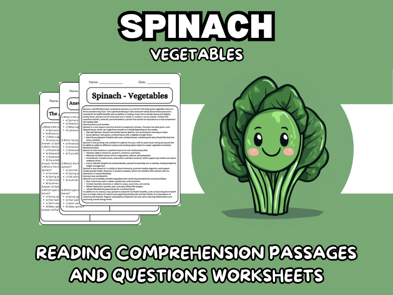 Spinach - Vegetables Reading Comprehension Passages and Questions ...