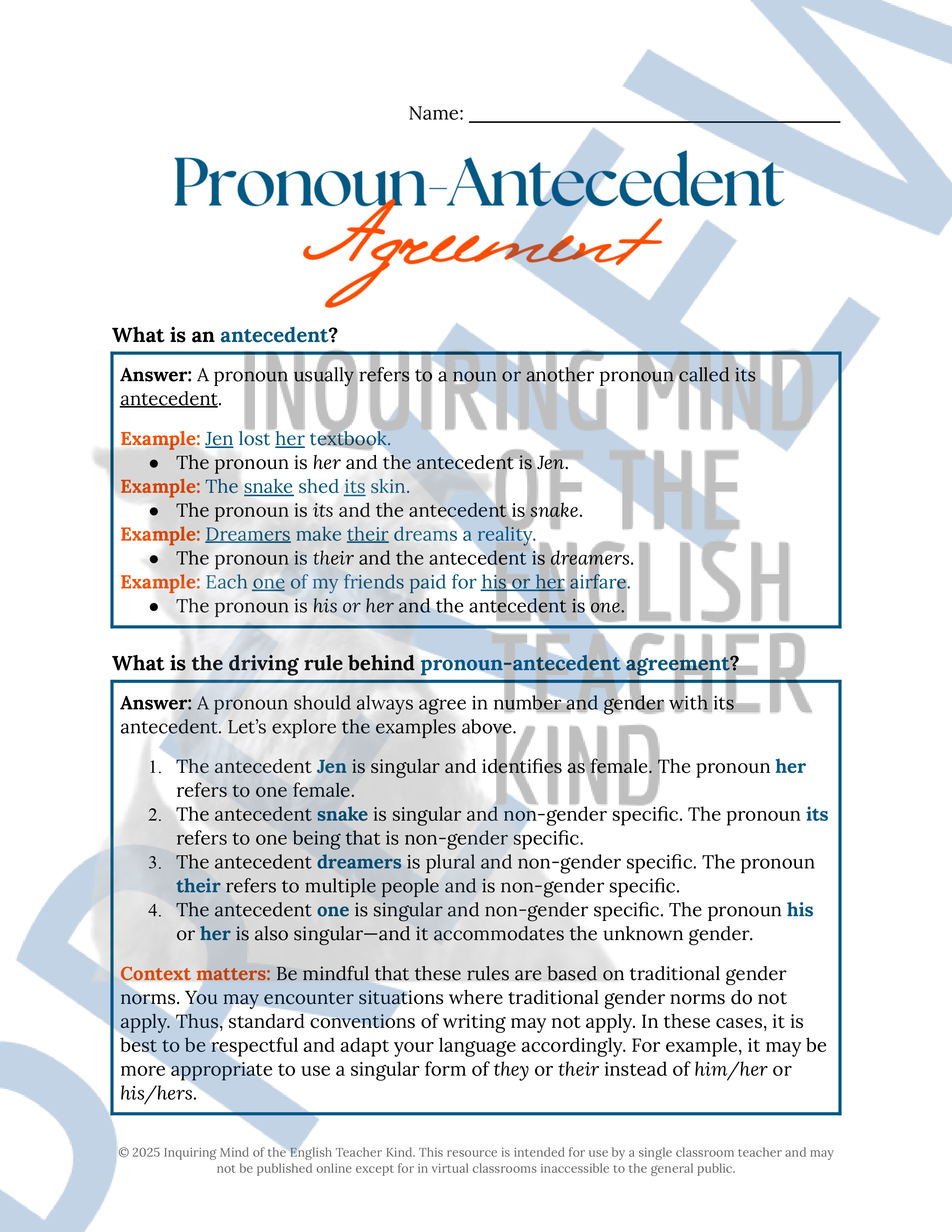 Grammar Practice Worksheet on Pronoun-Antecedent Agreement | Teaching ...