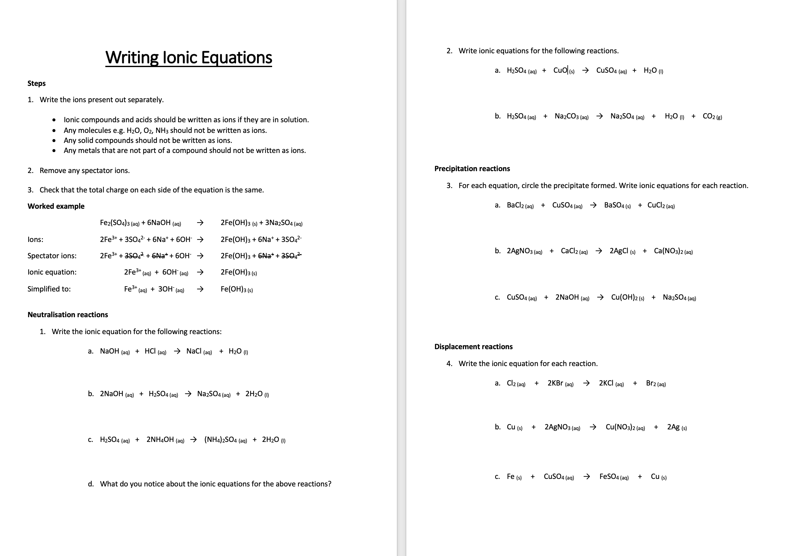 Ionic Equations Worksheet Teaching Resources