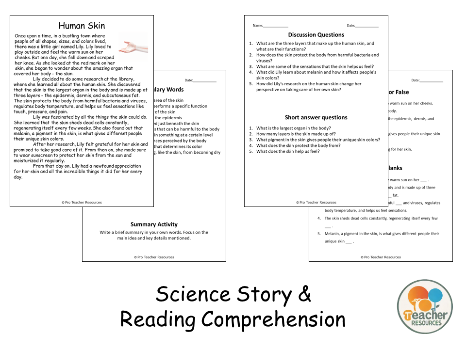 Human Skin Reading Science Story Comprehension Questions Worksheet ...