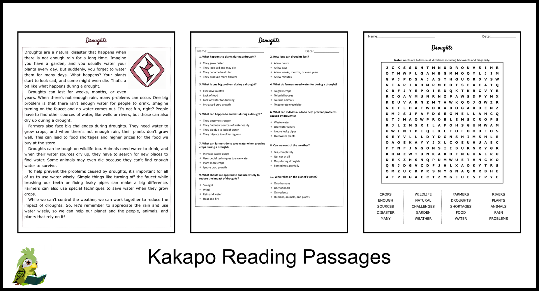 Droughts Reading Comprehension and Word Search | Teaching Resources
