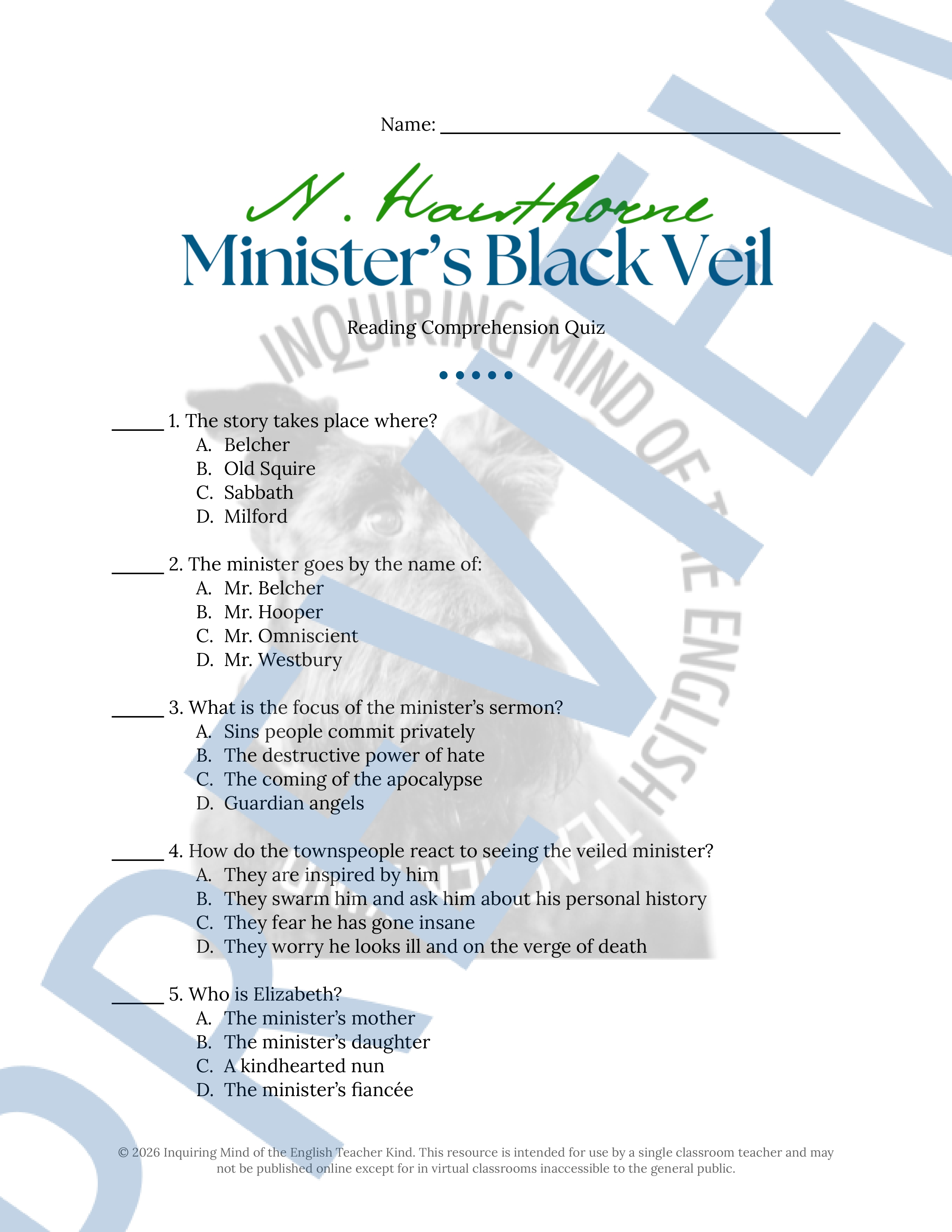 "The Minister's Black Veil" by Nathaniel Hawthorne Quiz and Answer Key ...