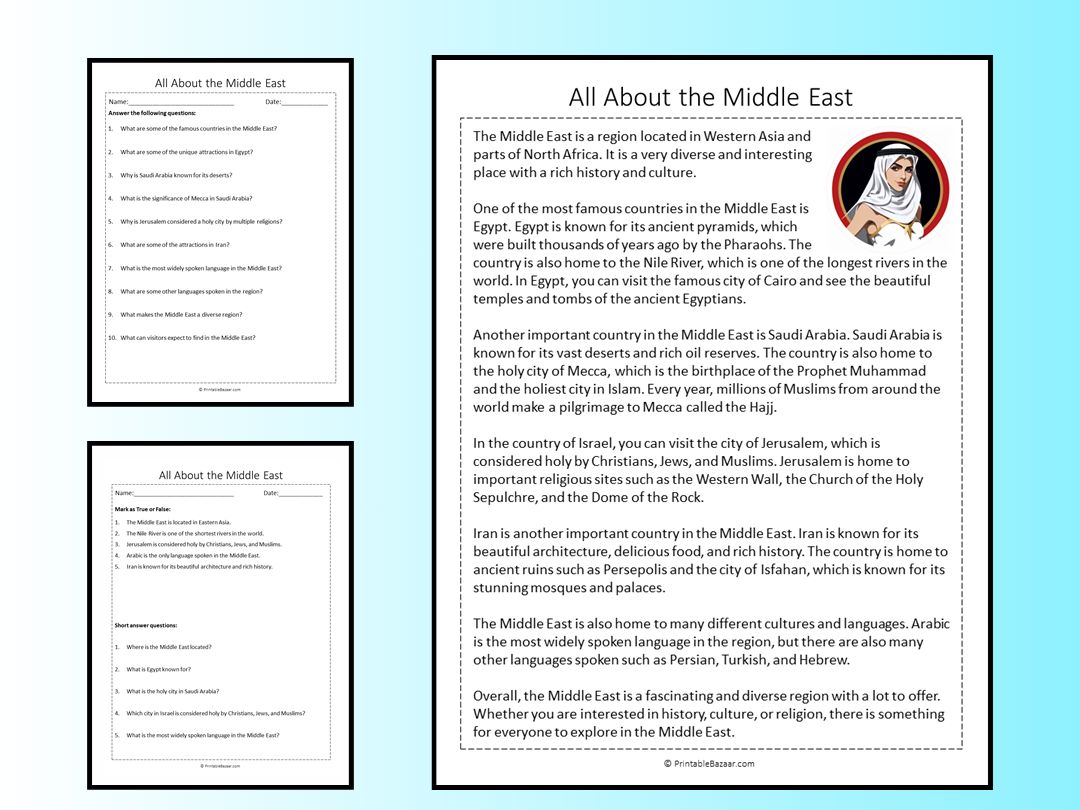All About the Middle East Reading Comprehension Passage Printable ...