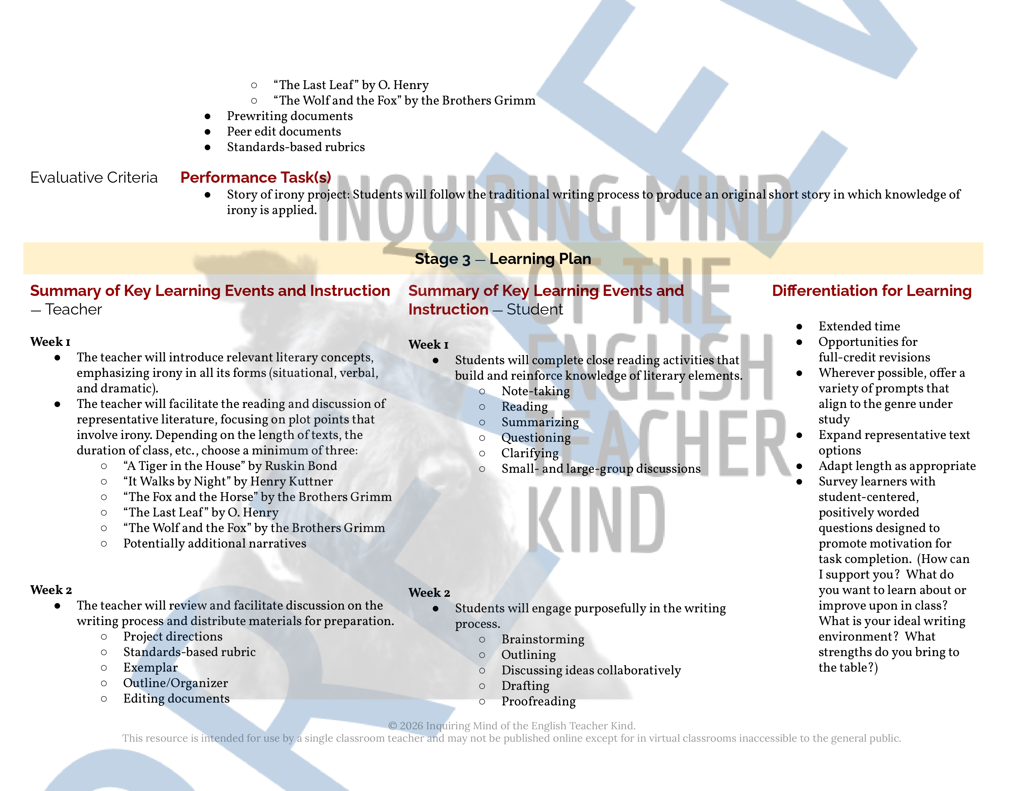 High School Creative Writing Unit Plan and Story Project | Ironic ...
