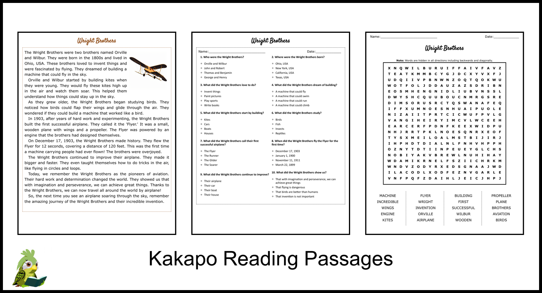 Wright Brothers Reading Comprehension and Word Search | Teaching Resources