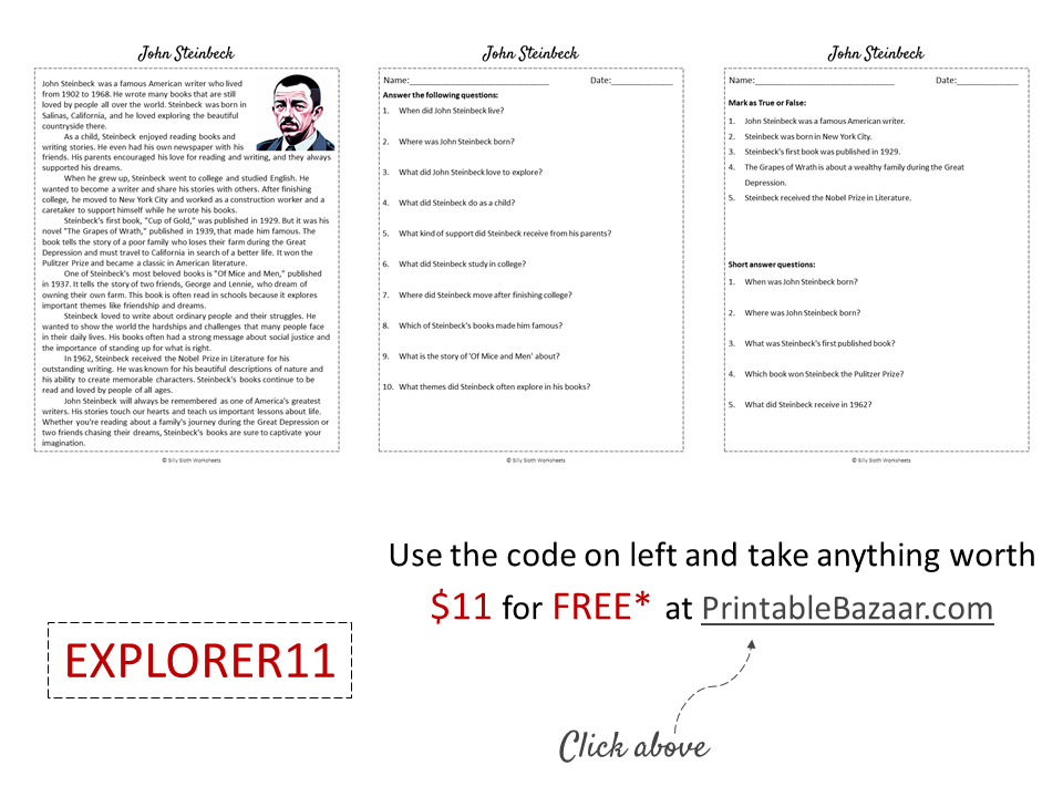 John Steinbeck Biography Reading Comprehension Passage Printable ...