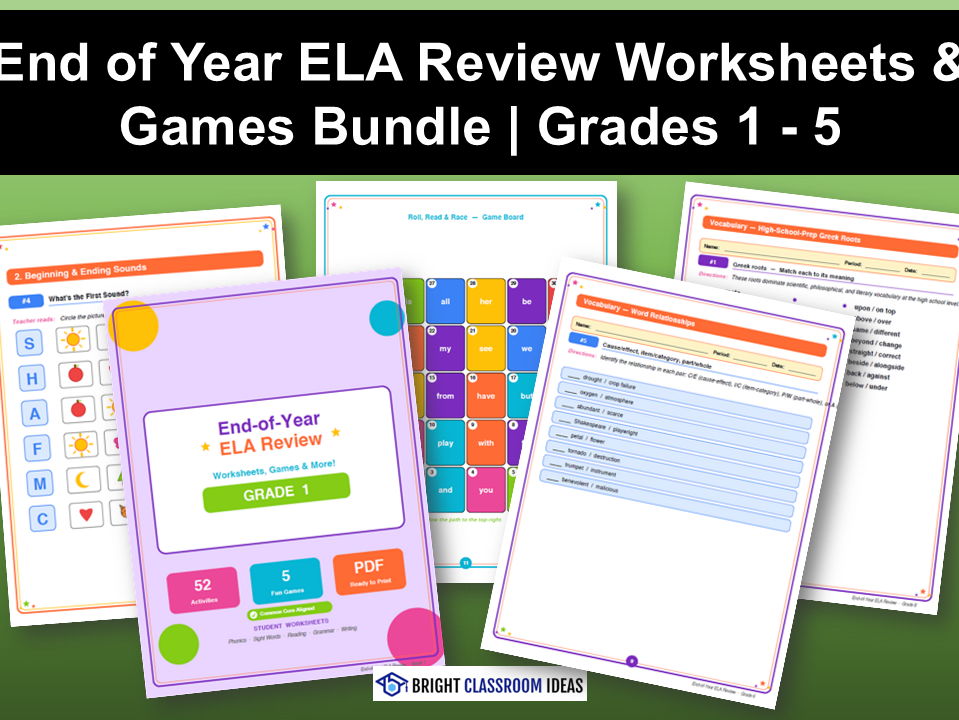 End of Year ELA Review Worksheets & Games Bundle | Grades 1 - 5 ...