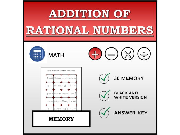Memory Matching Game | Addition of Rational Numbers | Math Activity ...