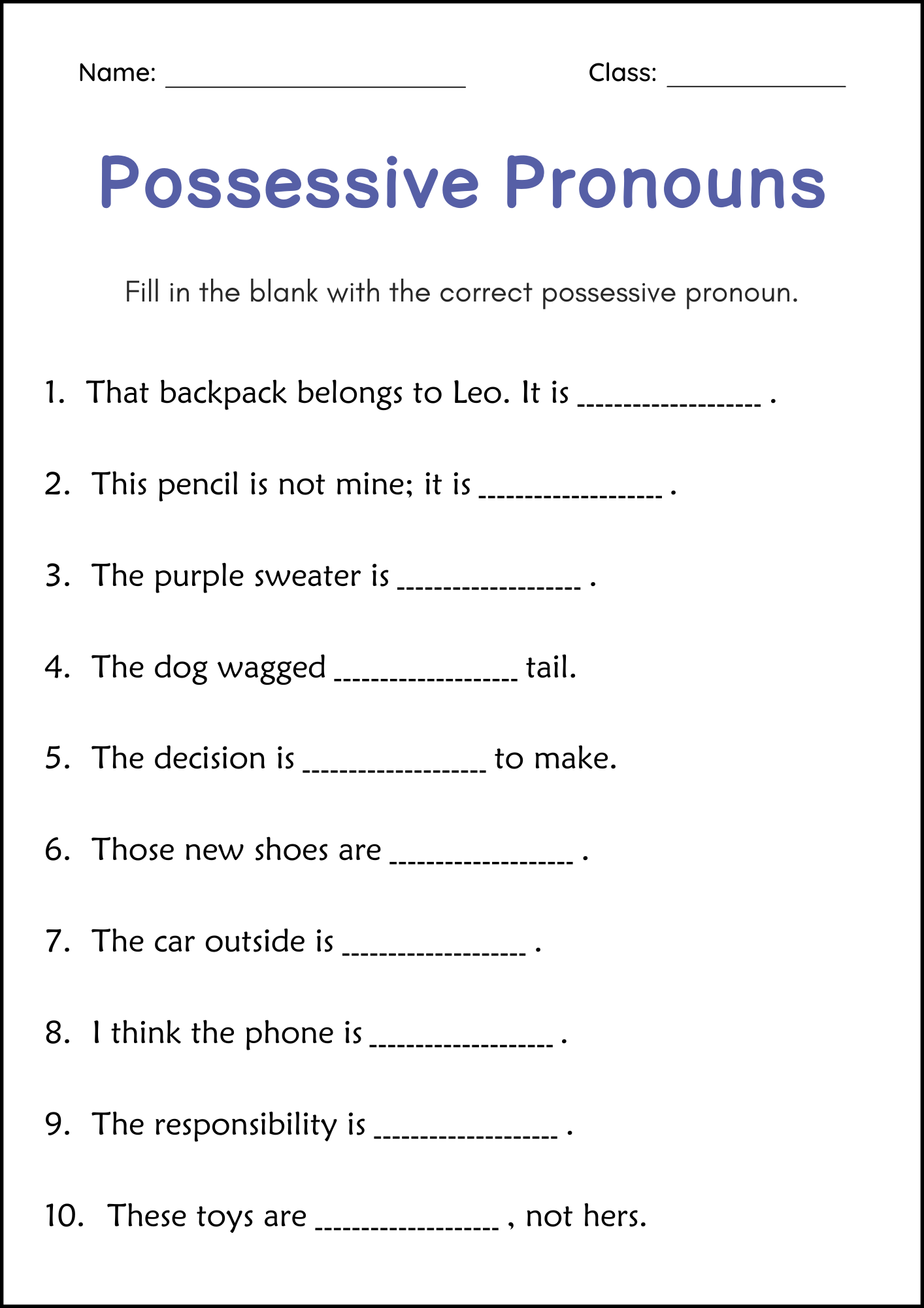 Possessive and Indefinite Pronouns Grammar Worksheets for Grade 1, 2, 3 ...
