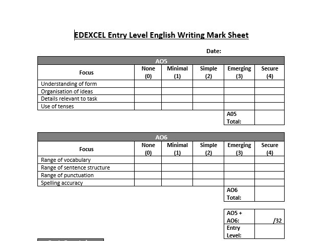 EDEXCEL Entry Level English Writing Mark Sheet Teaching Resources