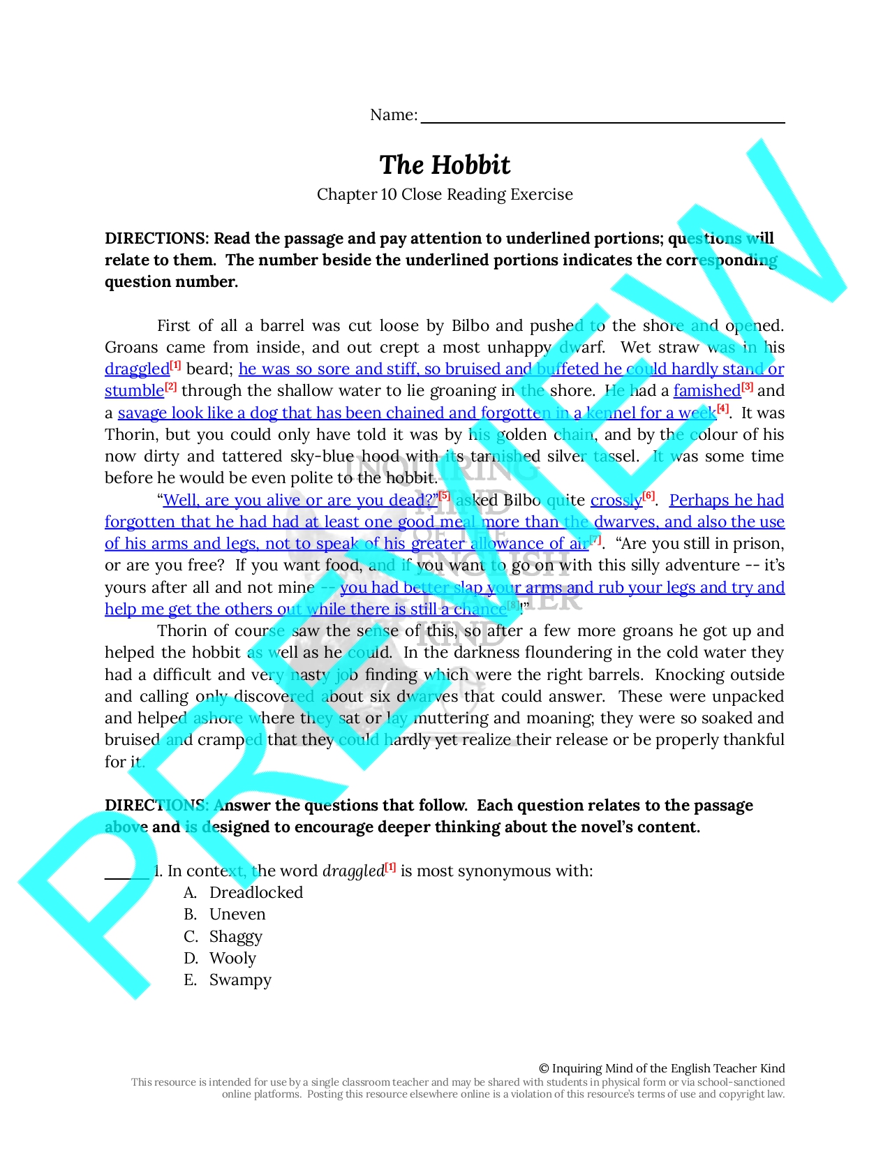 The Hobbit Close Reading Worksheet - Chapter 10 | Teaching Resources
