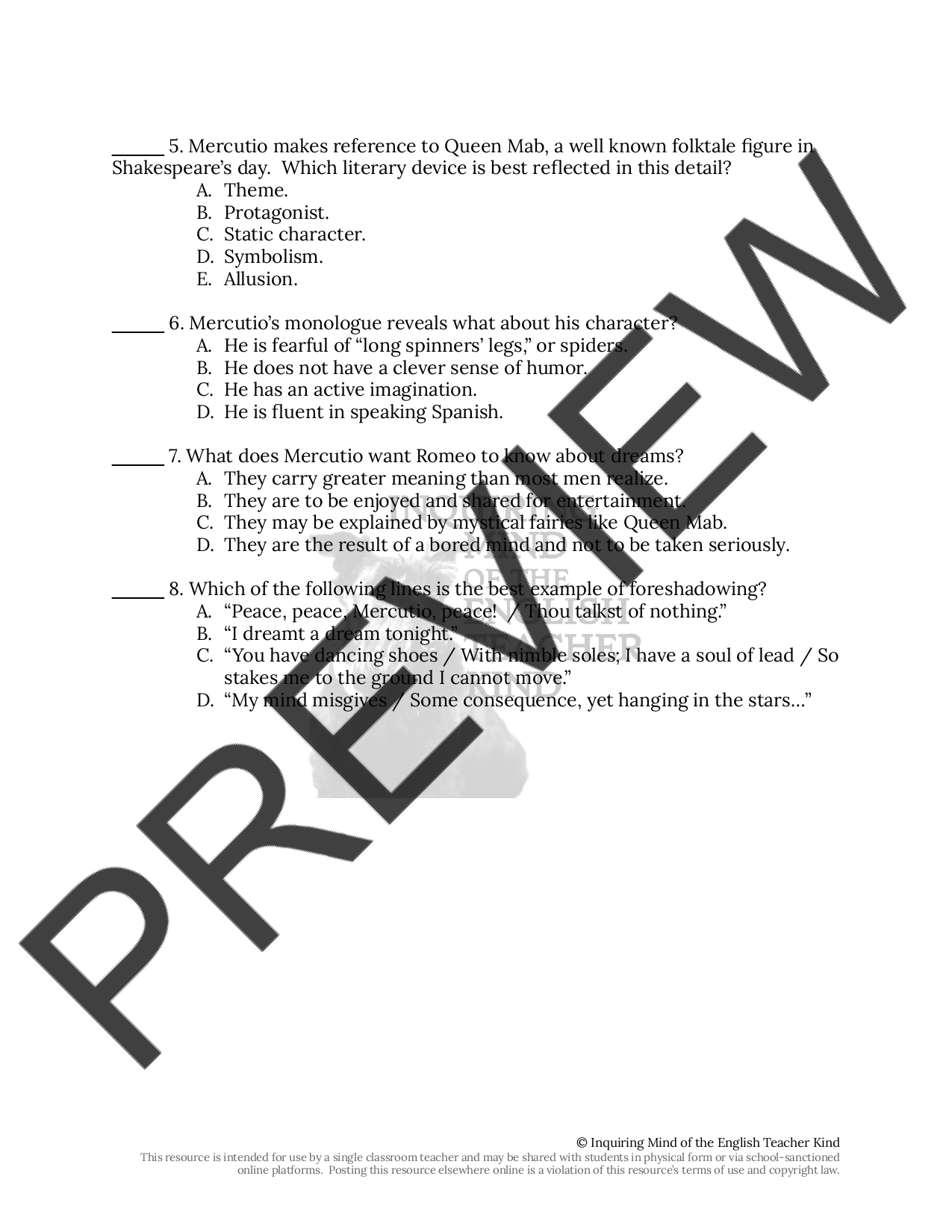 Romeo and Juliet Act 1 Scene 4 Close Reading Worksheet | Teaching Resources