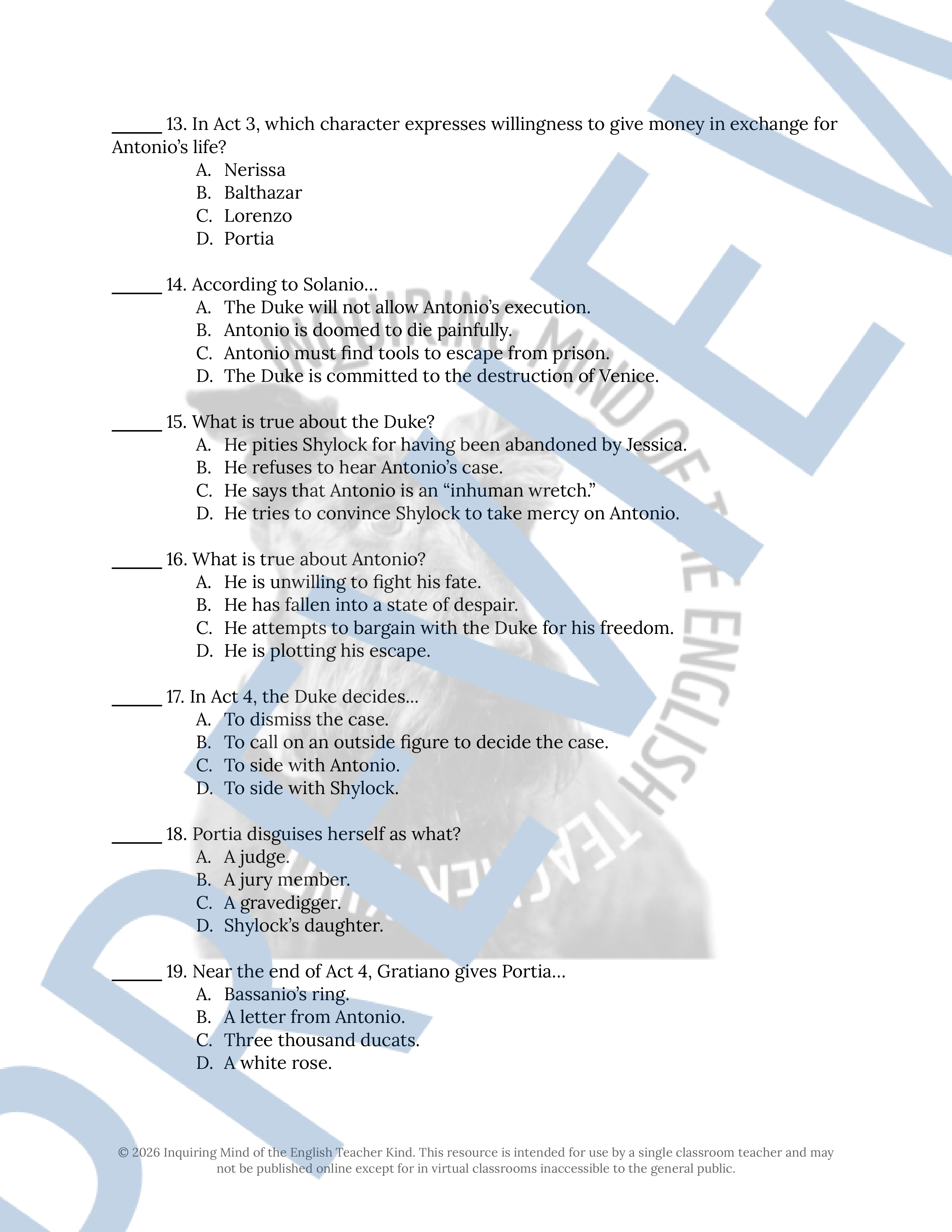 Shakespeare's Merchant of Venice Test and Answer Key | Final Exam ...